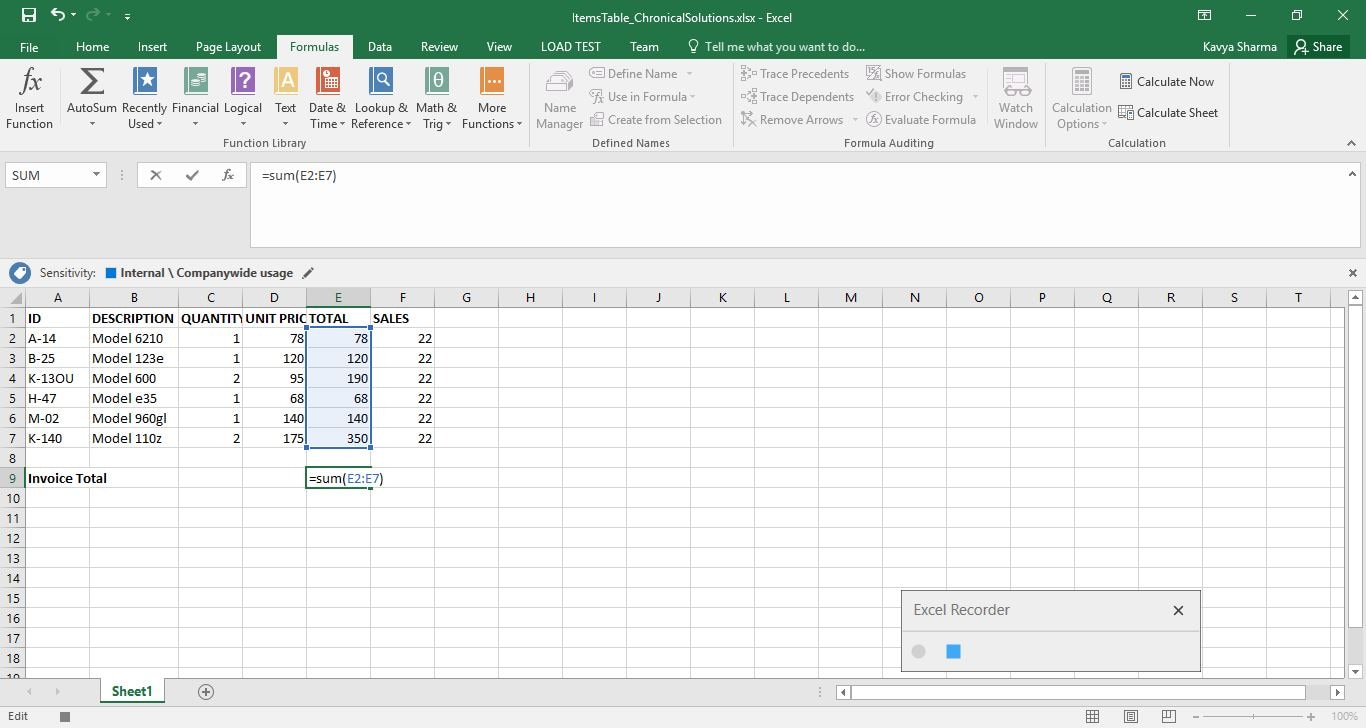Step-By-Step Guide to Use Excel Recorder to Calculate the Invoice Total